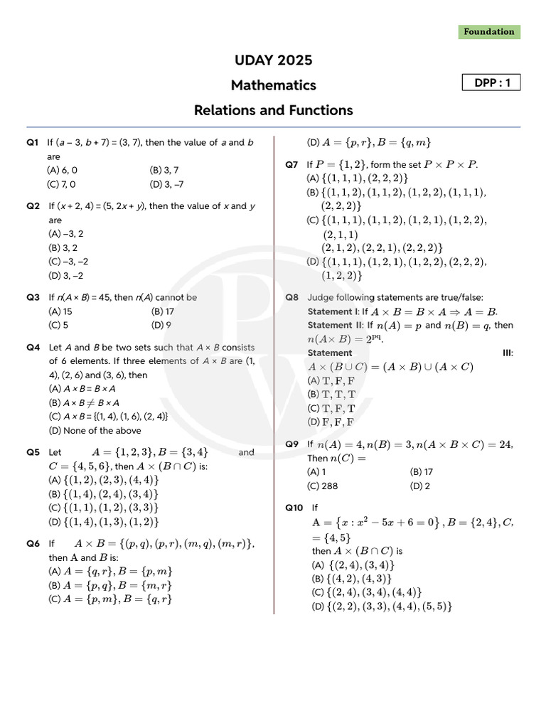 Relations and Functions - DPP 01 - Uday 2025 | PDF