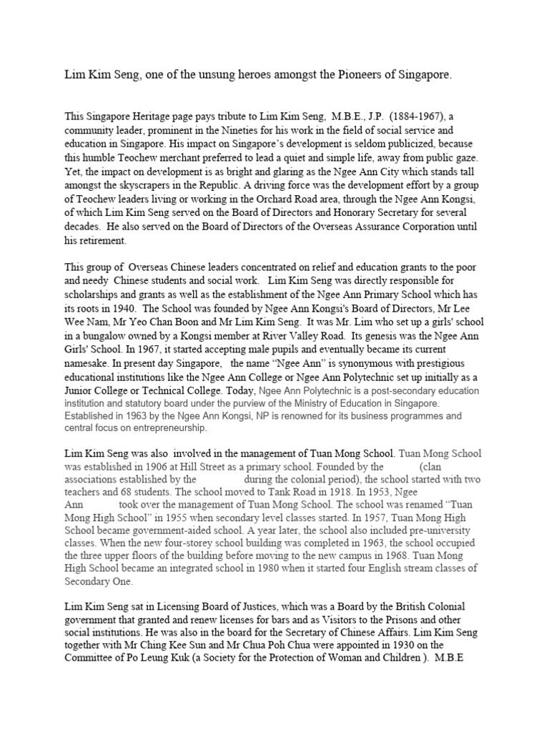 Lim Kim Seng An Unsung Hero in Singapore | PDF | Singapore | World Politics