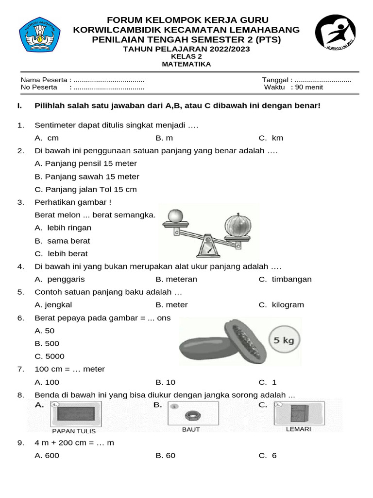 Soal PTS MTK KLS 2 SMT 2 | PDF
