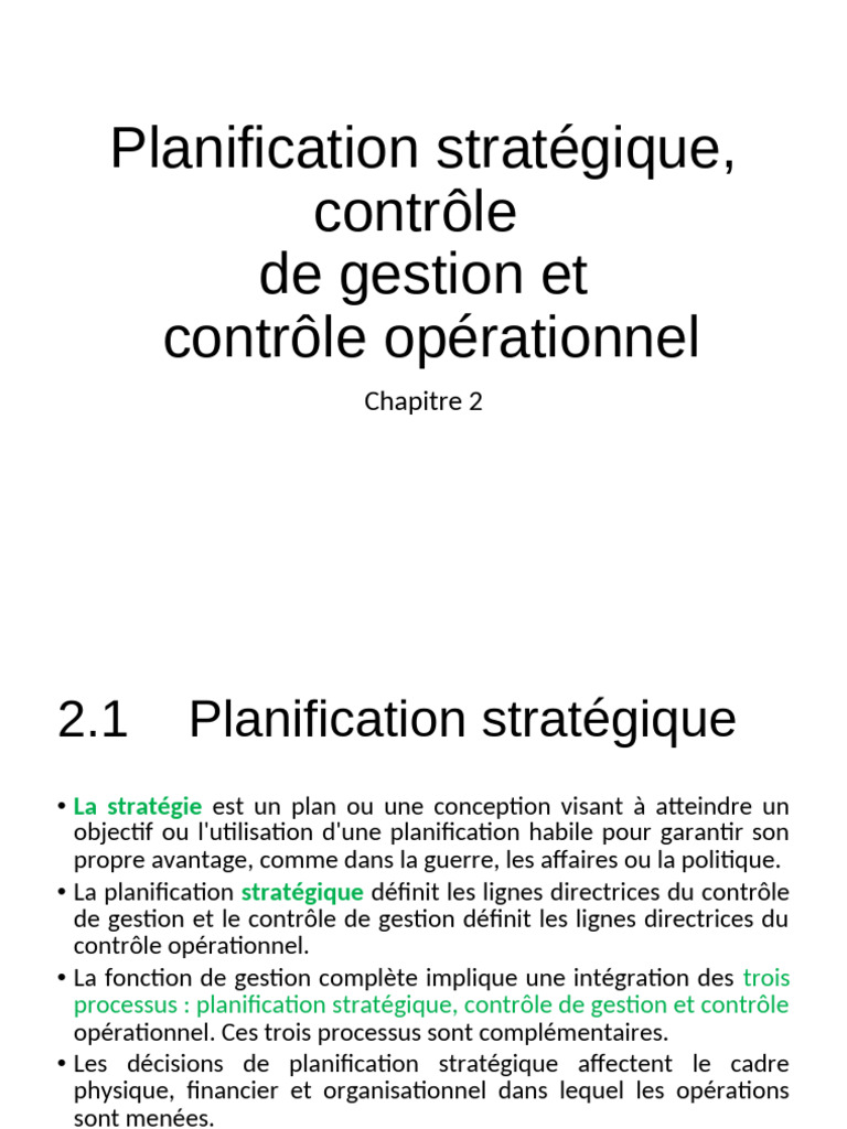 Planification Stratégique, Contrôle de Gestion Et Contrôle Opérationnel ...