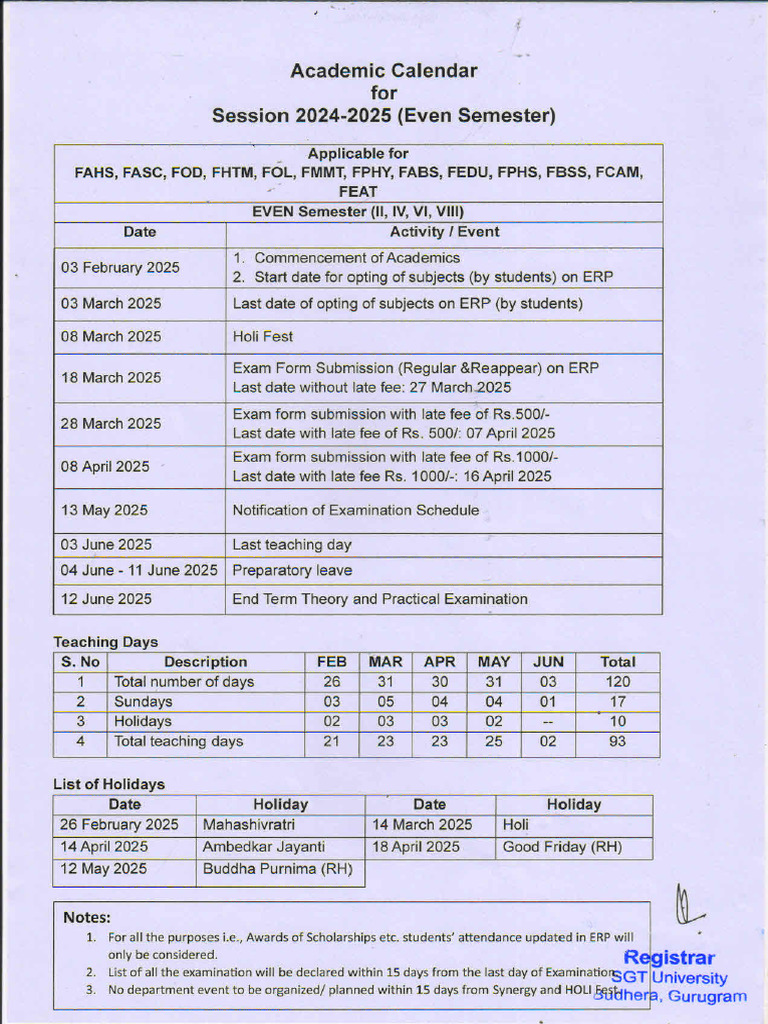 Academic Calendar For Session 2024-2025 (Even Semester) | PDF