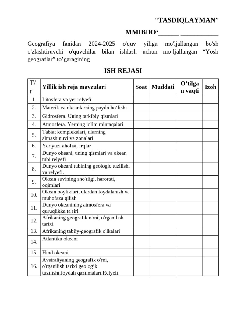 Yillik ish reja | PDF