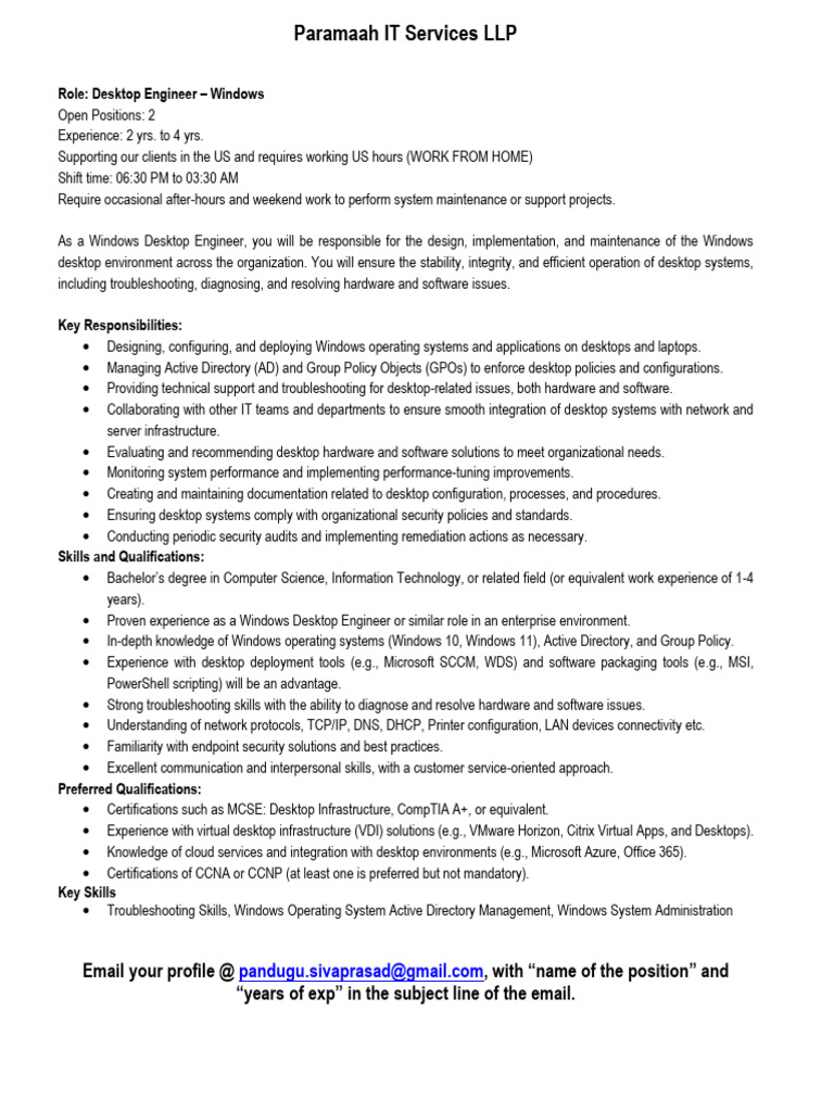 Windows Desktop Engineer Job WFH | PDF | Computer Network | Group Policy