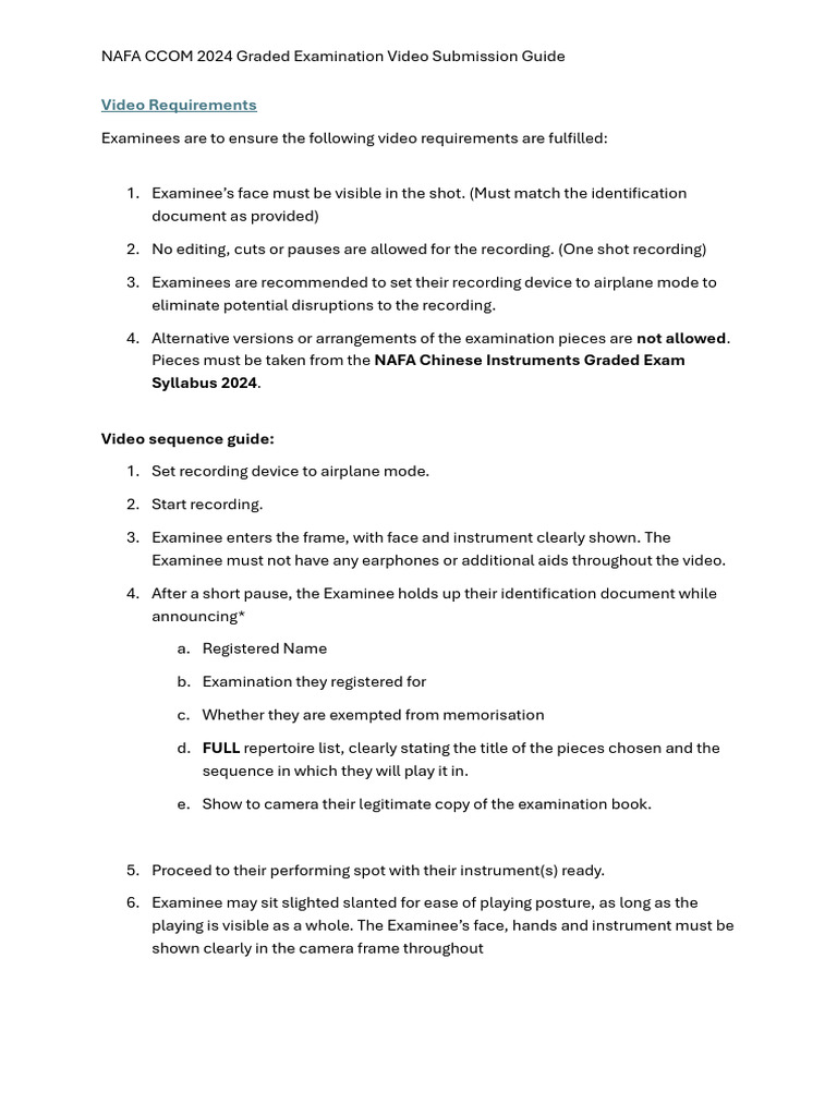 NAFA CCOM 2024 Graded Examination Video Submission Guide | PDF