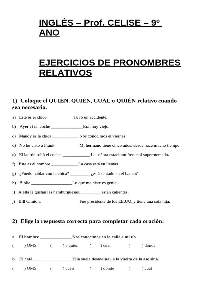 Ejercicios de Pronombres Relativos - 9º Año | PDF