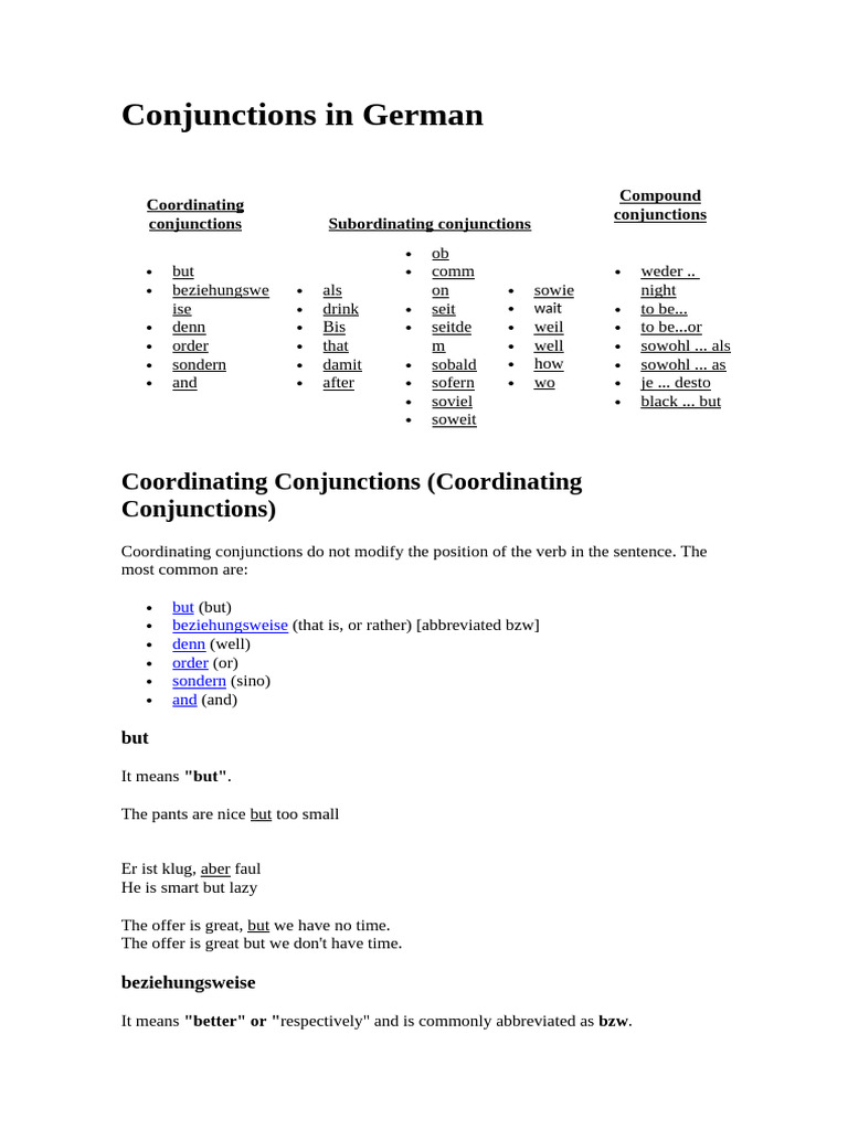 German Conjunctions Guide | PDF | Semantic Units | Syntax
