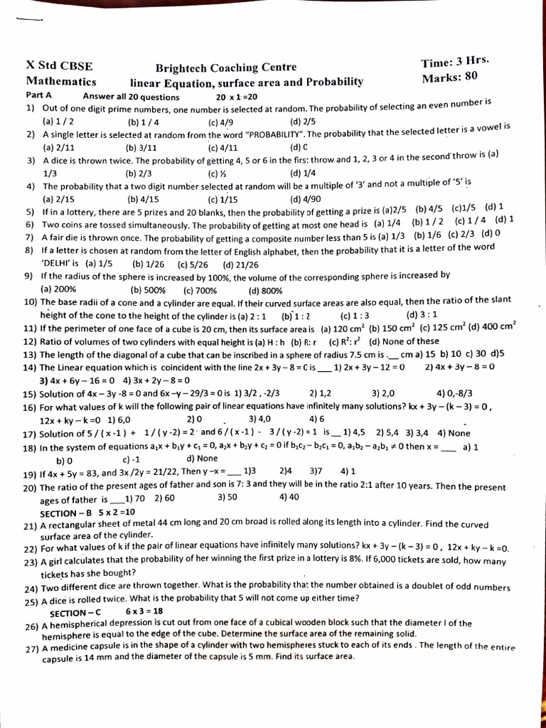 Linear Eq, Probability, Surface Area QP | PDF | Sphere | Classical Geometry