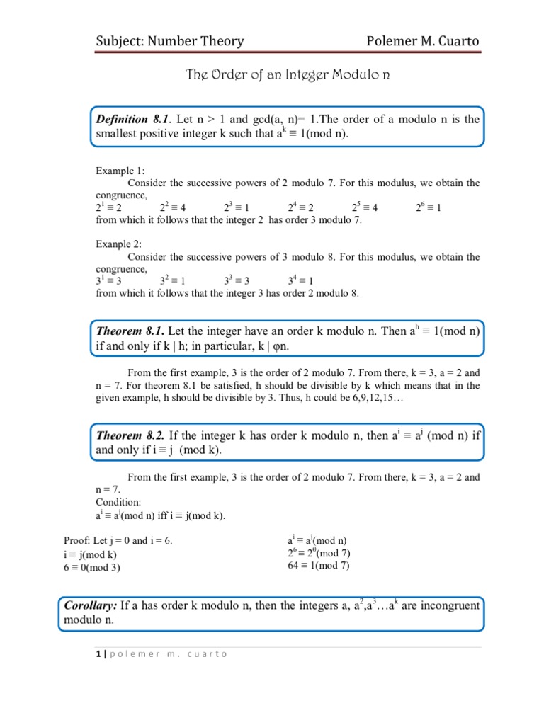 The Order of An Integer Modulo N - Report On Number Theory | PDF
