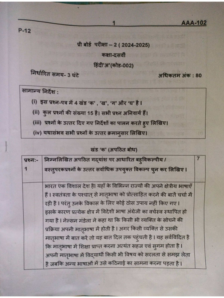 Hindi Pre Board II | PDF