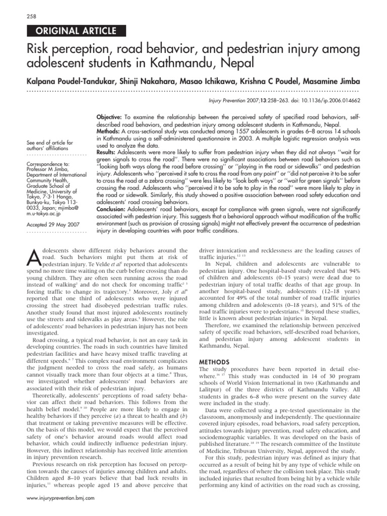 Risk Perception, Road Behavior, and Pedestrian Injury Among Adolescent ...