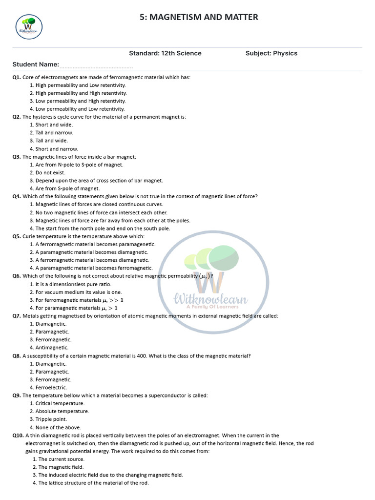 Magnetism and Matter 100 Questions With Solutions Including MCQ For ...