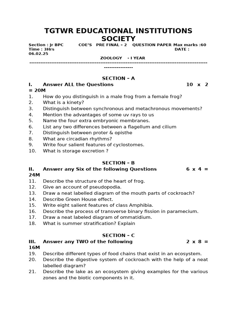 ZOOLOGY 1ST YEAR PRE FINAL - 2 | PDF