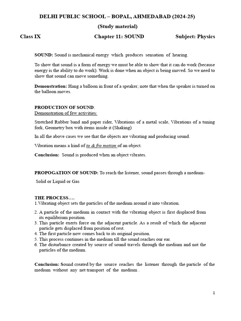 Class IX Ch11 Sound Study Material 2024 25 | PDF | Sound | Waves