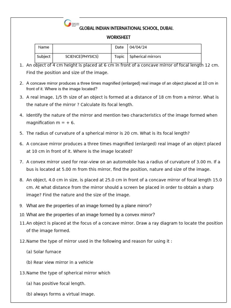 Worksheet - Spherical Mirrors | PDF