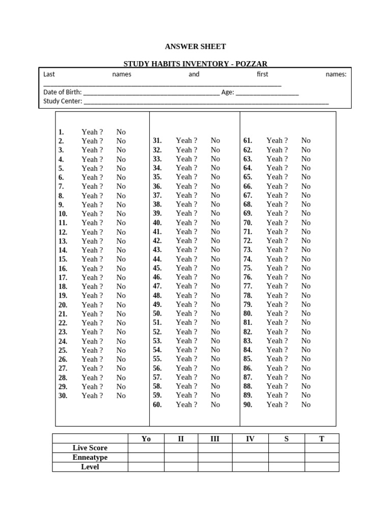 Study Habits Inventory Sheet | PDF