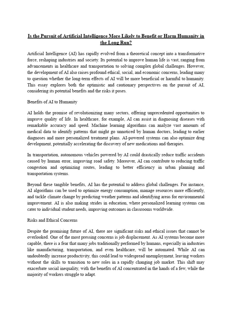Essay_ Artificial Intelligence More Likely to Benefit or Harm Humanity ...