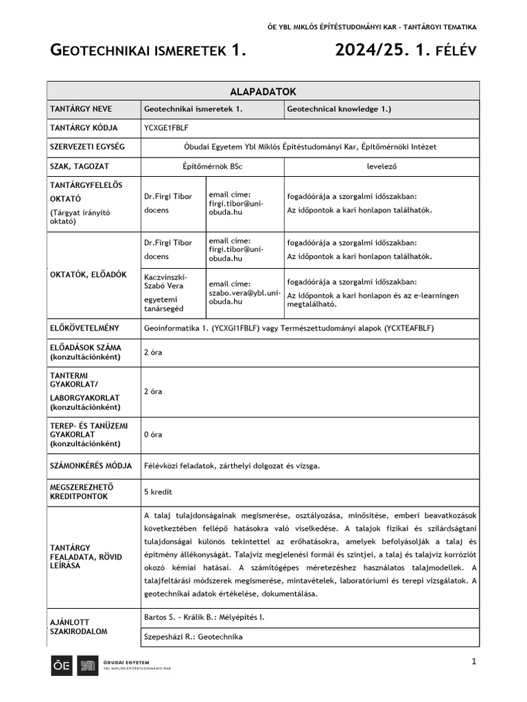 Geotechnikai - Ismeretek - 1 Tematika | PDF