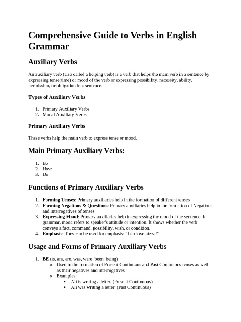 Comprehensive Guide To Verbs in English Grammar | PDF
