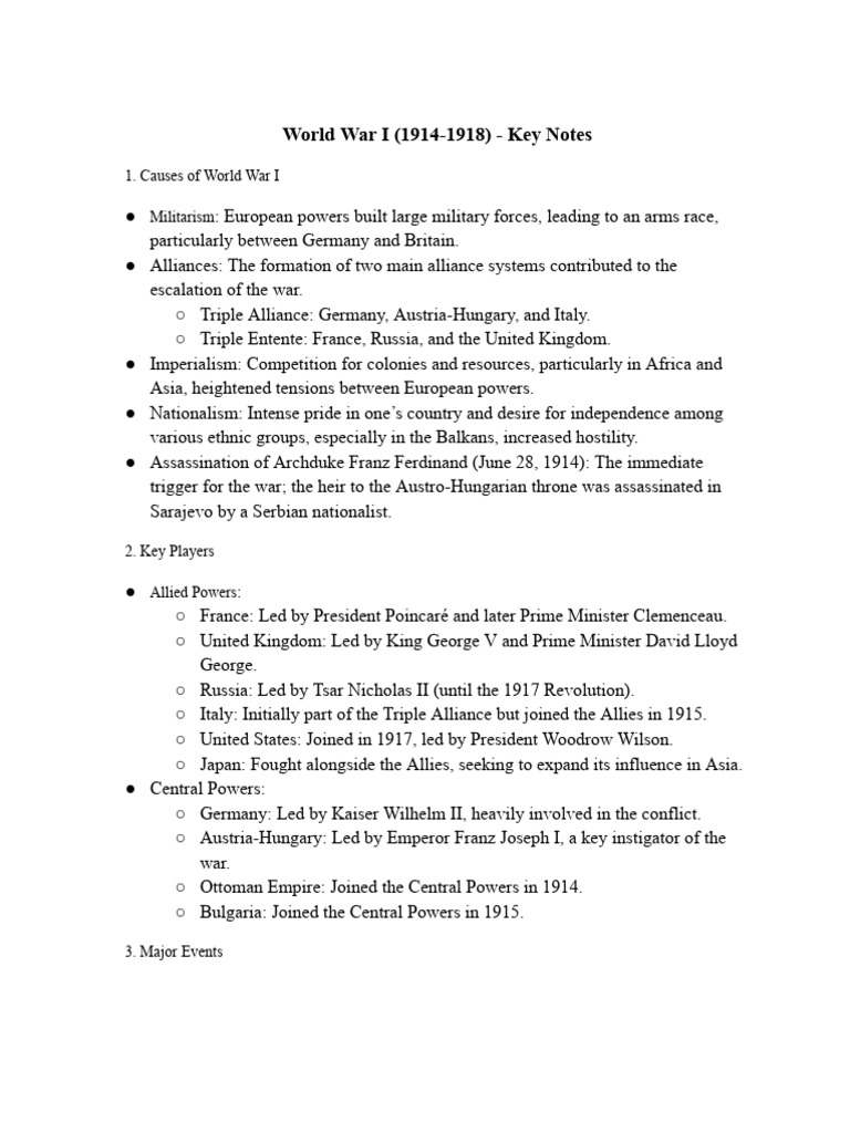World War I (1914-1918) - Key Notes | PDF | World War I | Allies Of ...