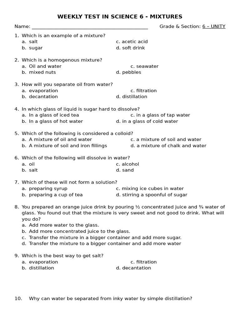 Science 6 Weekly Test: Mixtures | PDF | Water | Mixture