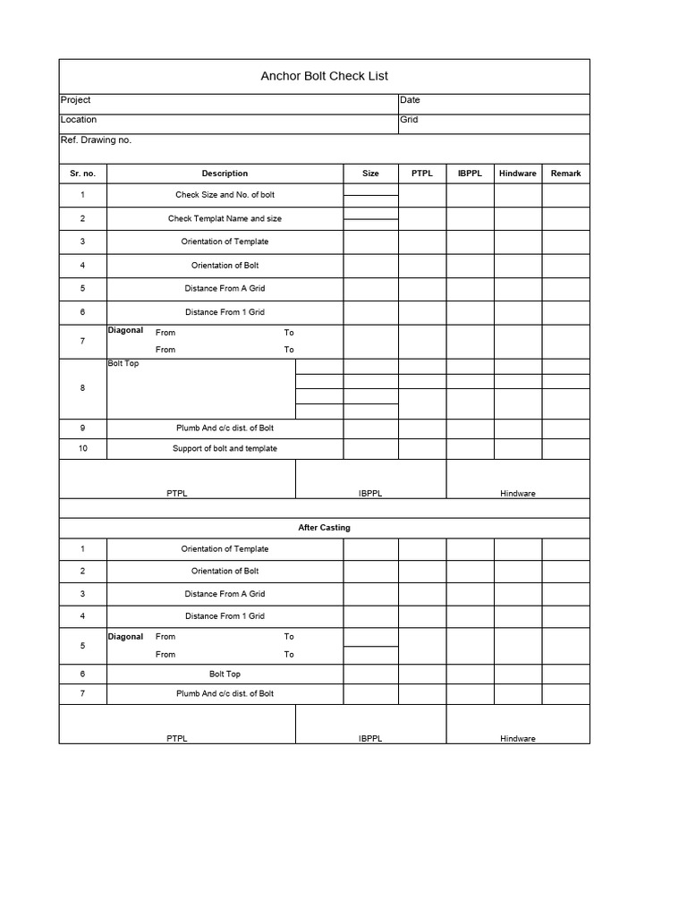 Construction Anchor Bolt Checklist | PDF