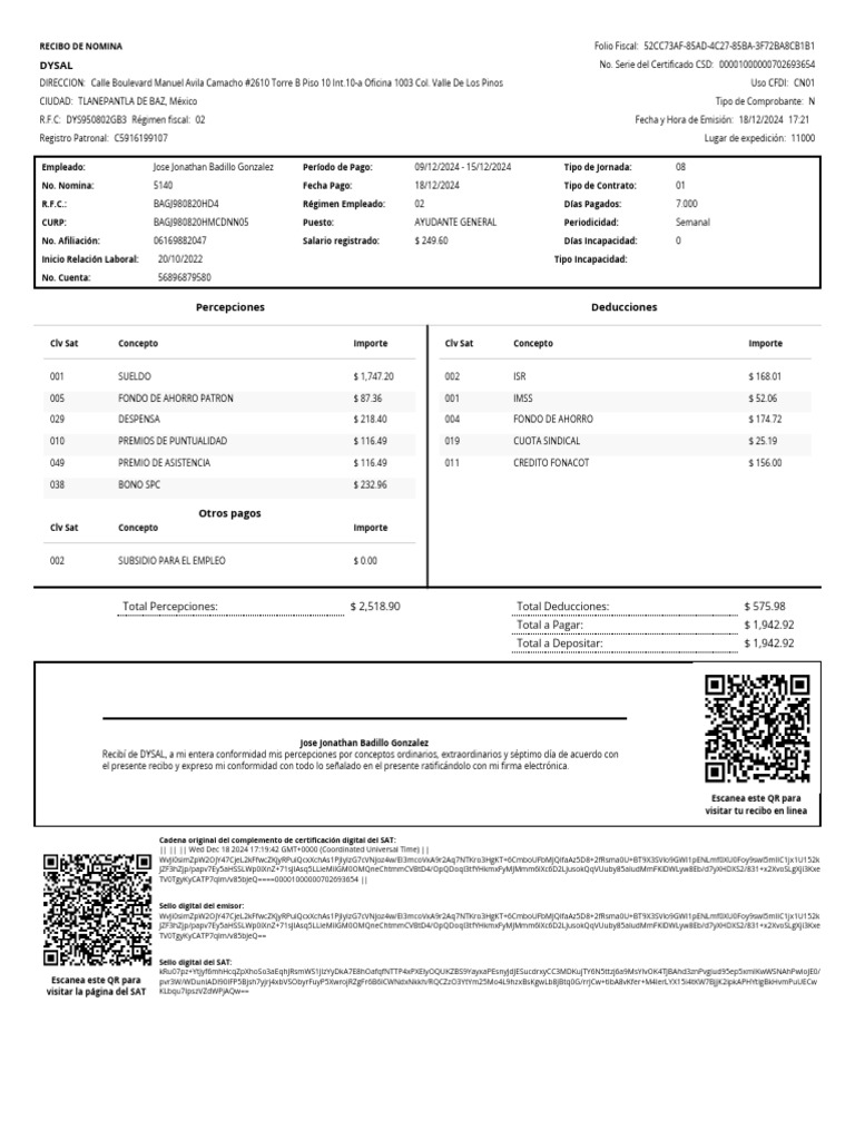 Recibo Nómina DYSAL Dic 2024 | PDF