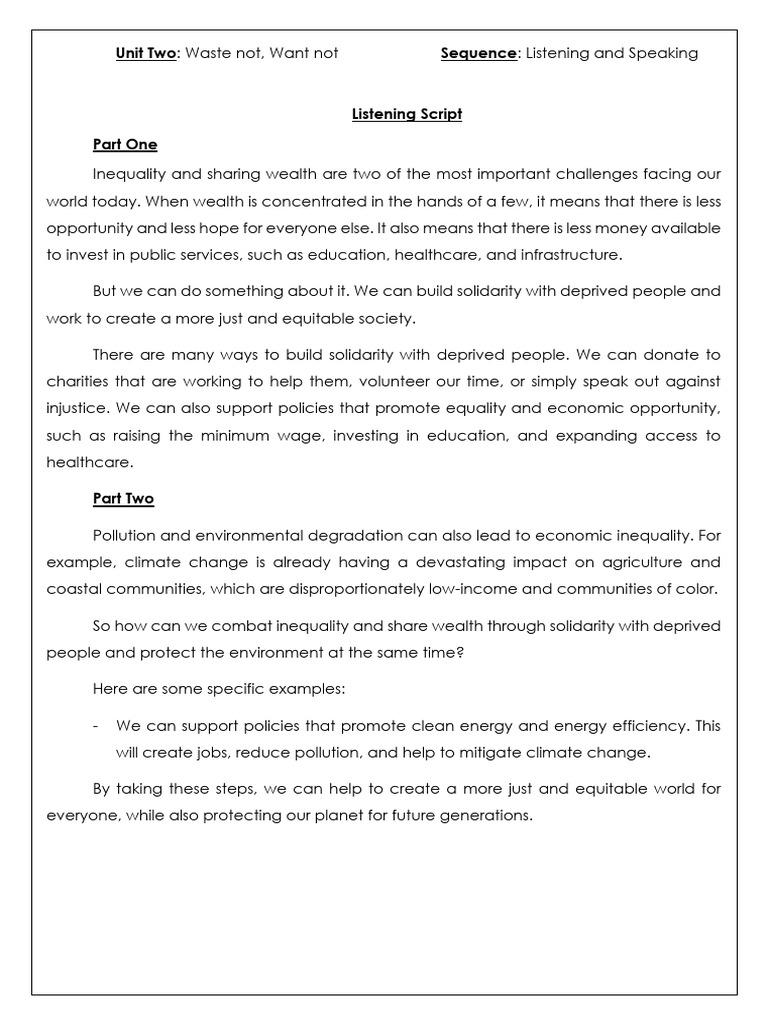 Listening Script - Inequality & Sharing Wealth | PDF