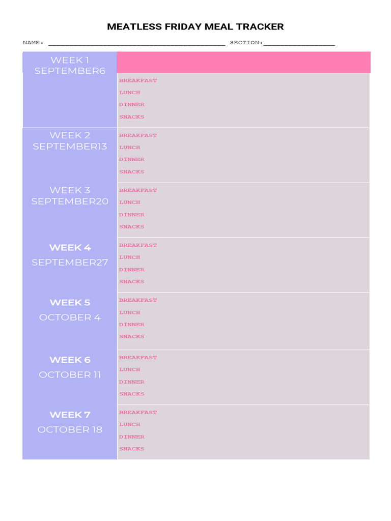 Meatless Friday Tracking Form | PDF