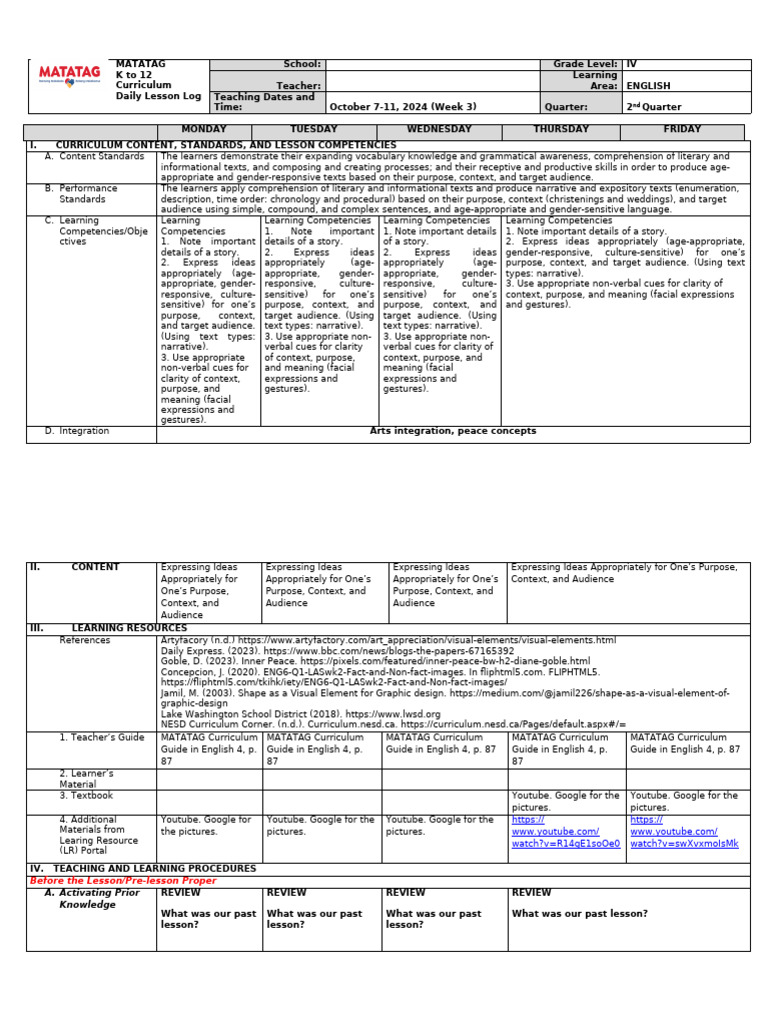 MATATAG DLL WEEK 3 ENGLISH G4 q2 | PDF | Nonverbal Communication | Communication