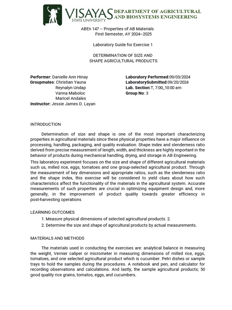 ABEn 147 Properties of AB Materials Lab Report 1 3 | PDF | Standard ...