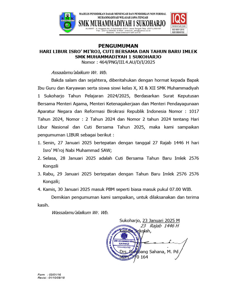 Libur Isro' Mi'roj dan Imlek 2025 SMK | PDF