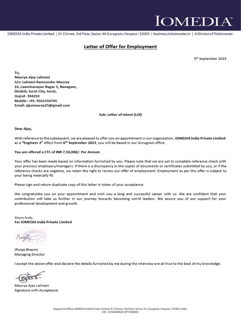 IOMEDIA - Offer Letter - Ajay Maurya | PDF