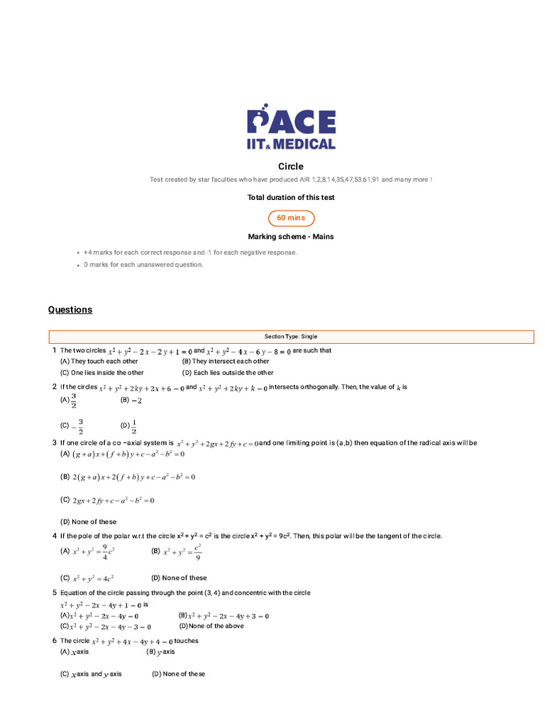 Circle Test Overview and Details | PDF | Circle | Line (Geometry)