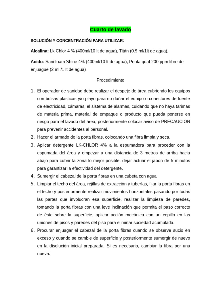 Procedimiento de Limpieza de Cuarto de Lavado | PDF