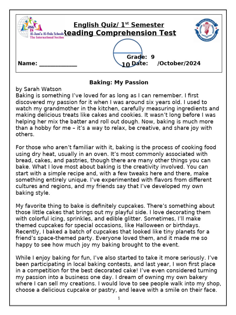 G8 English Reading Comprehension First | PDF | Cupcake | Cakes