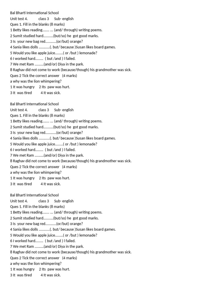 Class 3 English Unit Test 4 Questions | PDF | Anthropomorphism | Fable