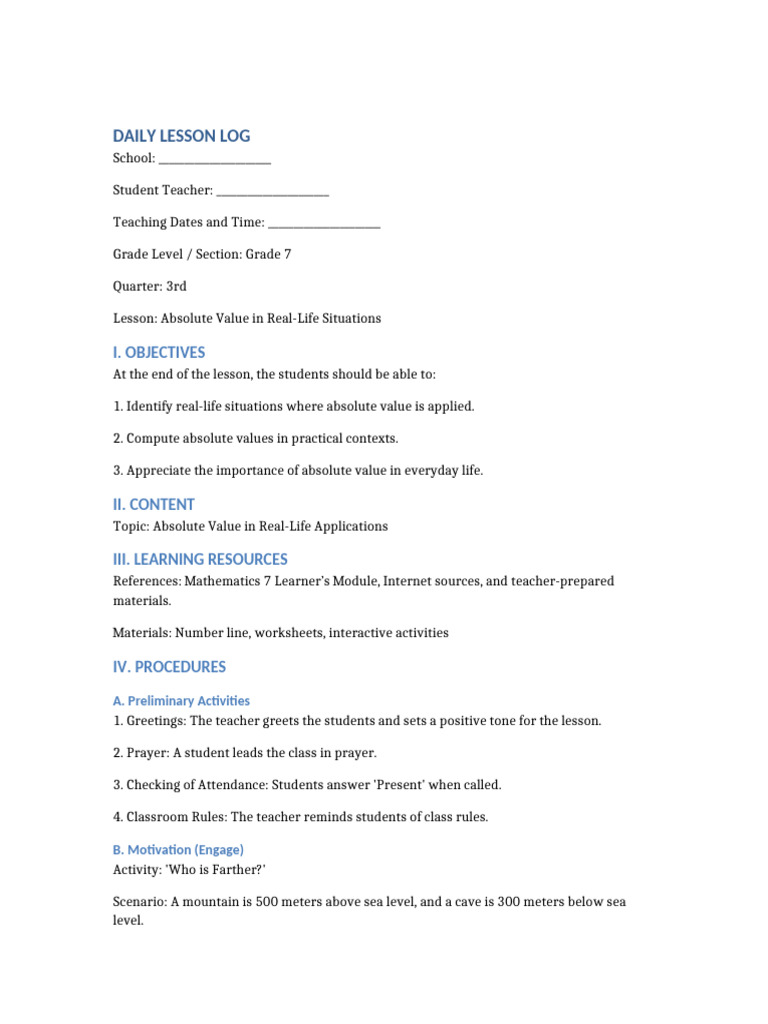 5es Lesson Plan Detailed Real Life Absolute Value | PDF
