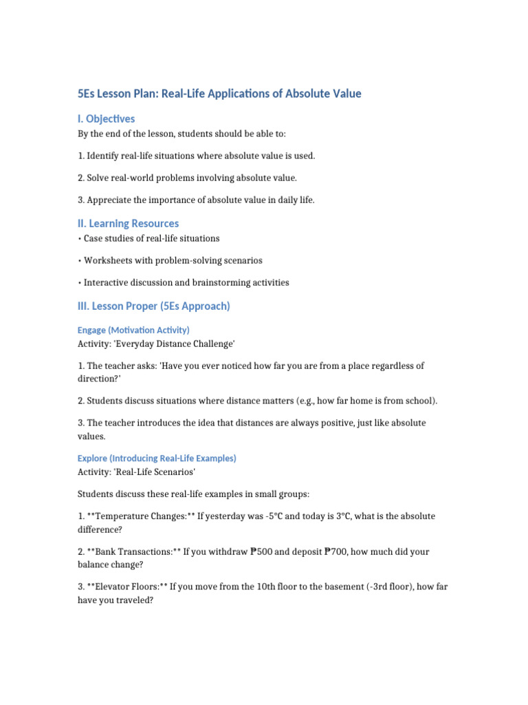 5es Lesson Plan Real Life Absolute Value | PDF | Lesson Plan | Teachers