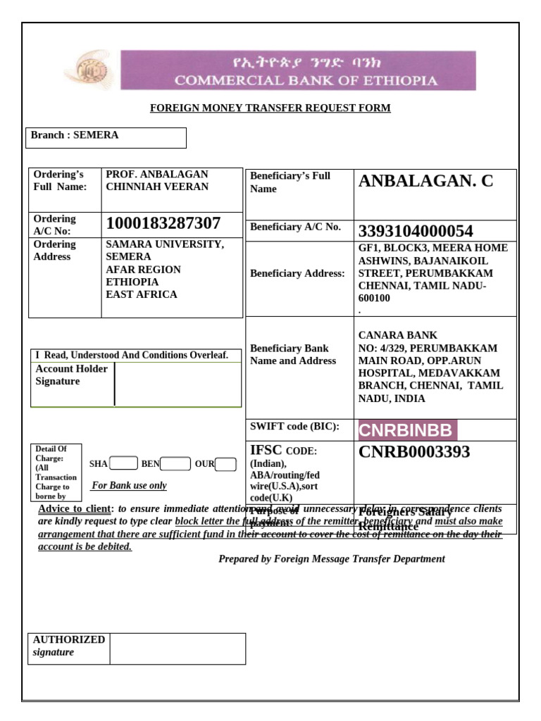 Foreign Money Transfer Request Form | PDF | Wire Transfer | Economies