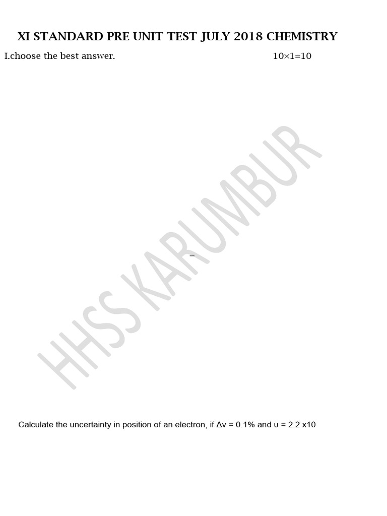XI Chemistry Pre Unit Test 2018 | PDF | Chemistry | Physical Sciences