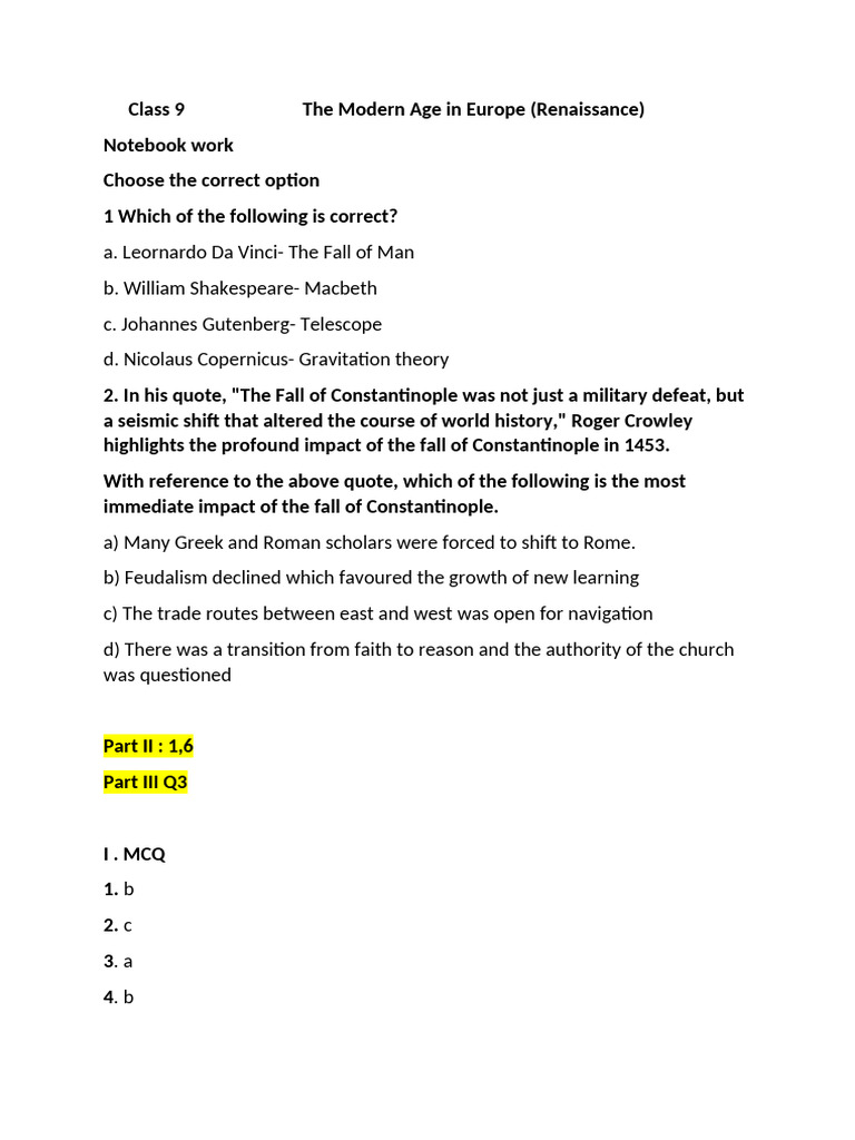 STD 9 Renaissance (Question and Answers) | PDF | Renaissance | Europe