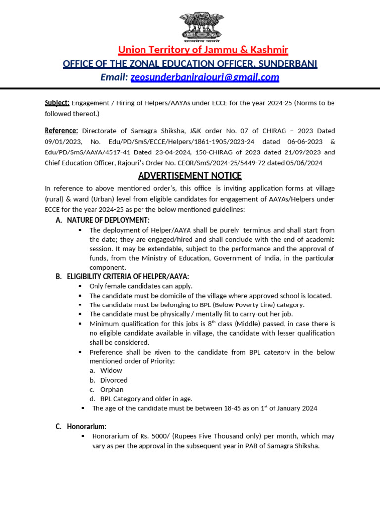 Hiring AAYAs/Helpers for ECCE 2024-25 | PDF