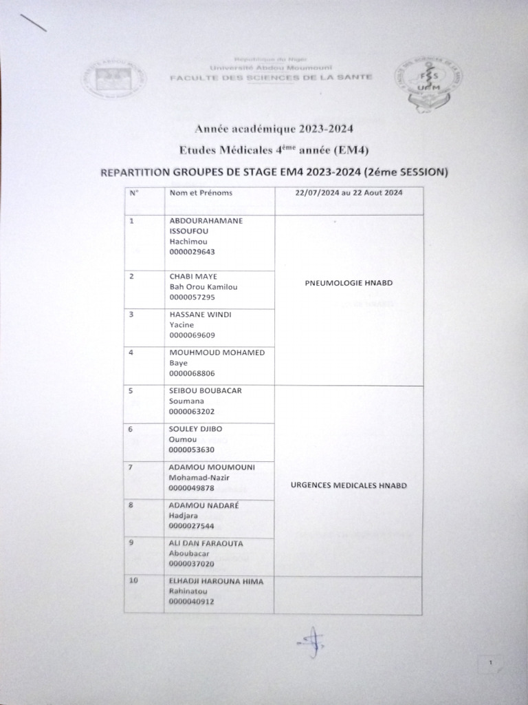 Répartition Stage EM4 2e Session | PDF