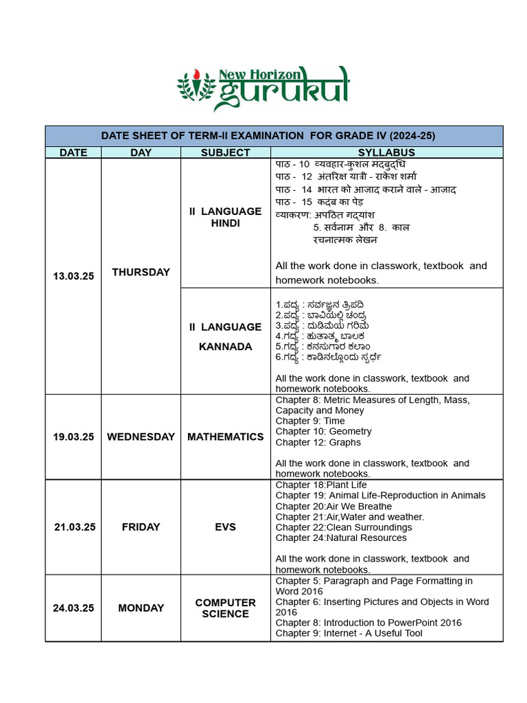 Term Ii Examination Datesheet Grade Iv 1738302759 | PDF