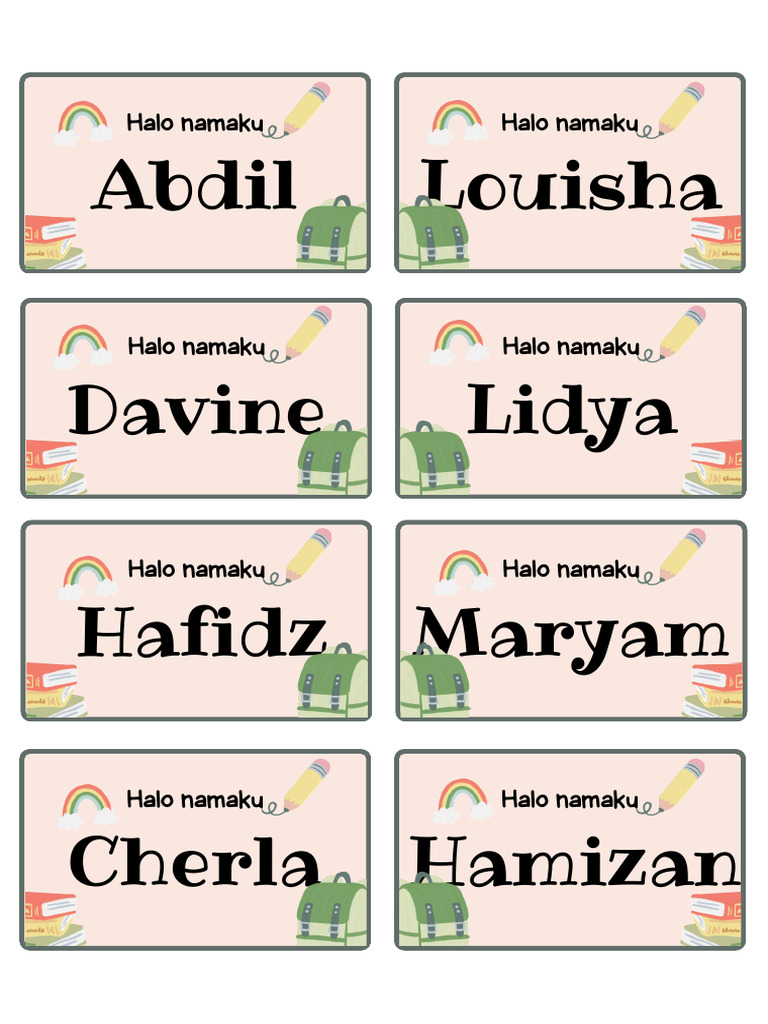 Krem Hijau Ilustrasi Alat Tulis Nama Anak Label Murid | PDF