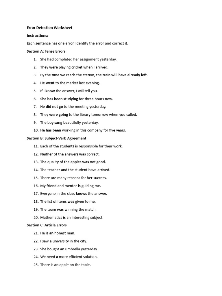 Error Detection Worksheet Solved | PDF | Grammar | Syntax