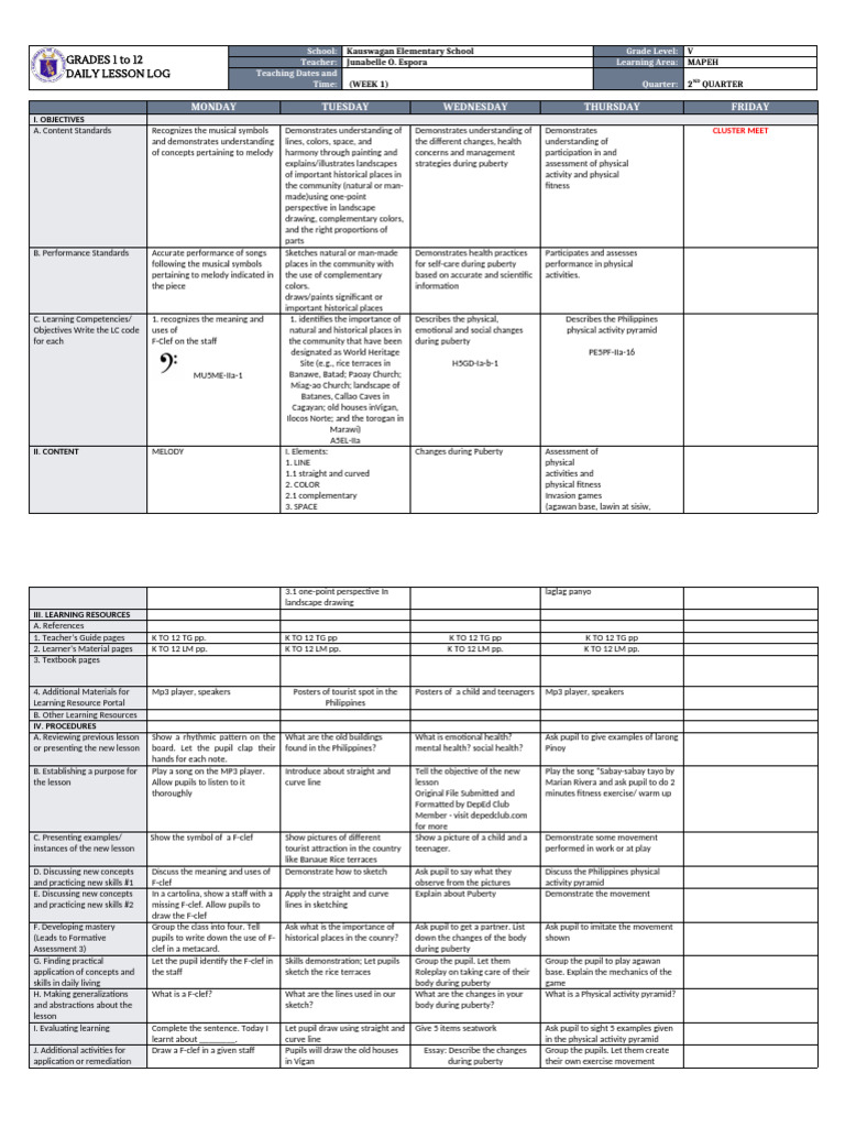 DLL_MAPEH 5_Q2_W1 | PDF | Teachers | Learning