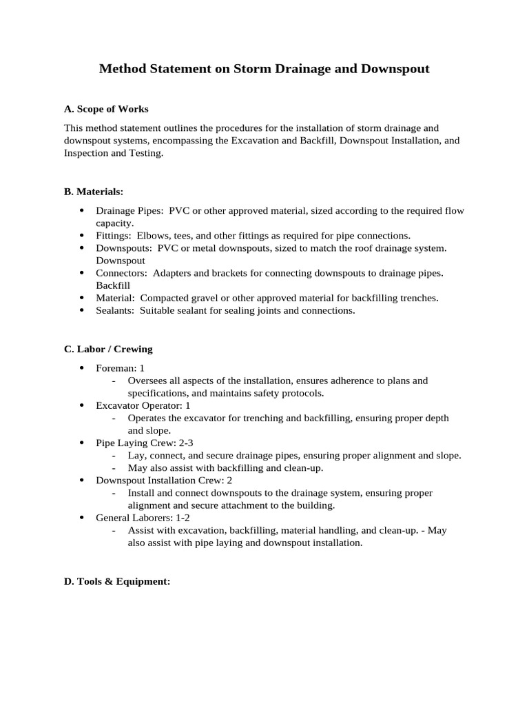 SEVA - Method Statement On Storm Drainage and Downspout | PDF | Drainage | Pipe (Fluid Conveyance)