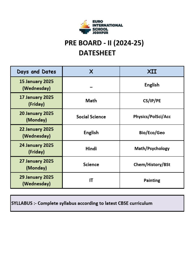 Pre - board 2 - Datesheet (24-25) | PDF