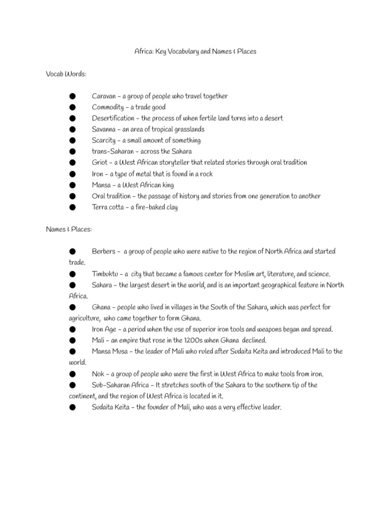 West Africa - Key Vocabulary and Names & Places | PDF